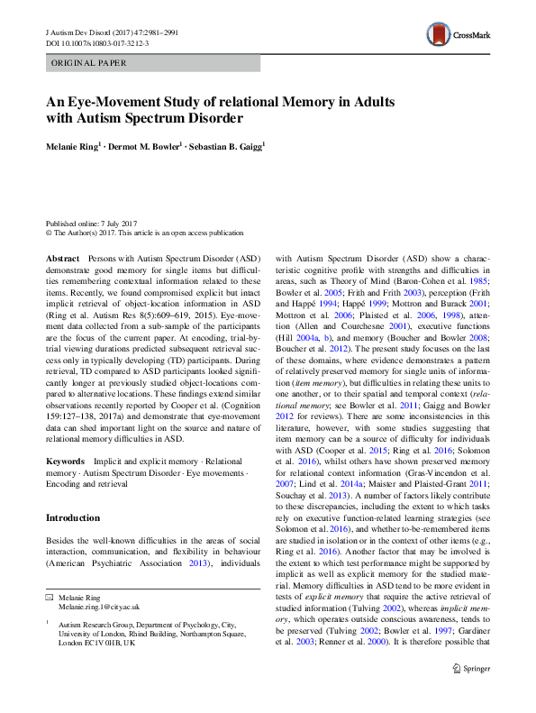 (PDF) An Eye-Movement Study of relational Memory in Adults with Autism ...