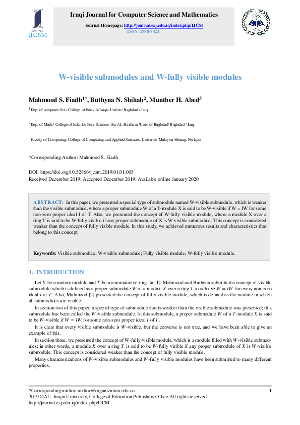 (PDF) W-visible Submodules and Their Properties