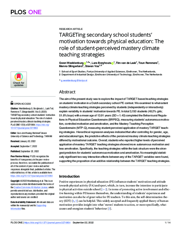 (PDF) TARGETing secondary school students’ motivation towards physical education: The role of ...