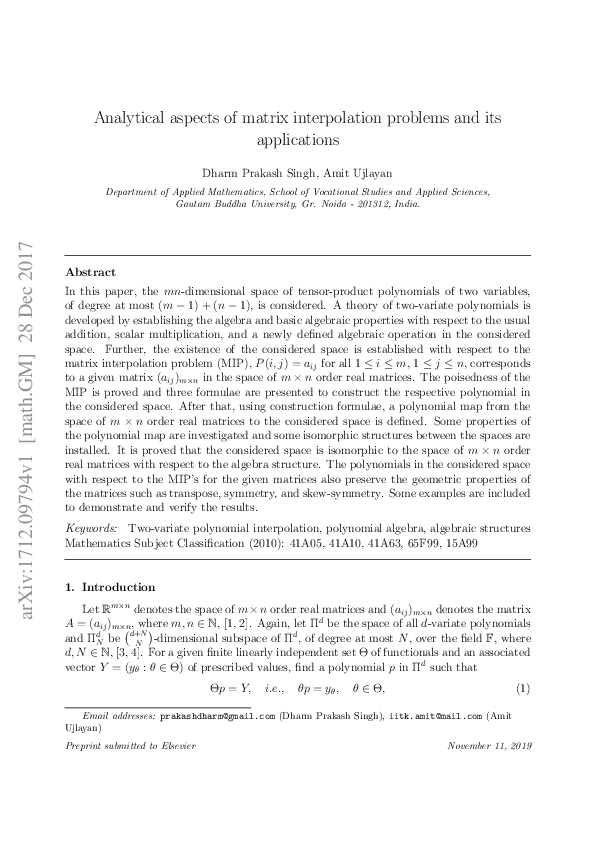 (PDF) Analytical aspects of matrix interpolation problems and its applications