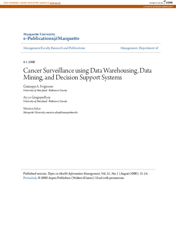 Cancer surveillance using data warehousing, data mining, and decision ...