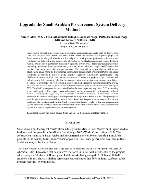 (PDF) Upgrade the Saudi Arabian Procurement System Delivery Method
