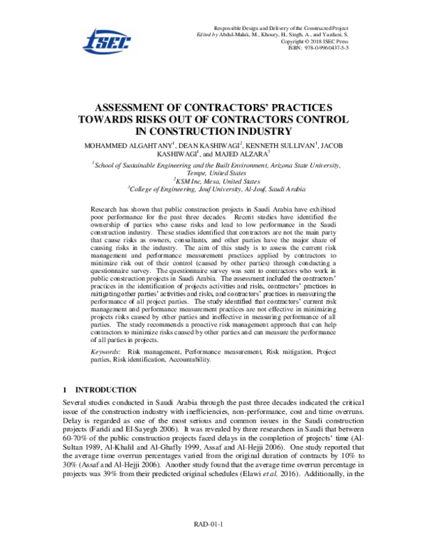 (PDF) Assessment of Contractors’ Practices Towards Risks Out of ...