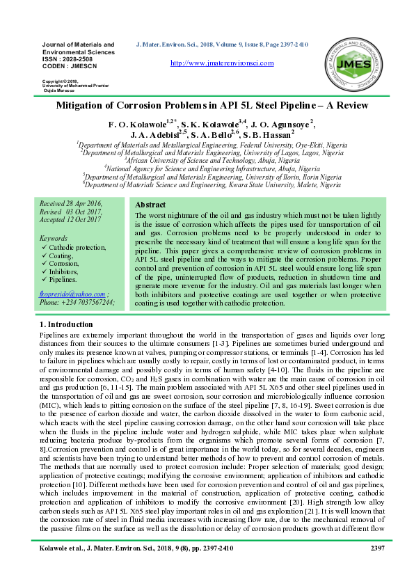 (PDF) Mitigation of Corrosion Problems in API 5 L Steel Pipeline – A Review