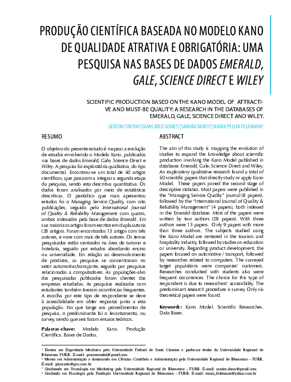 (PDF) Produção Científica Baseada No Modelo Kano De Qualidade Atrativa ...
