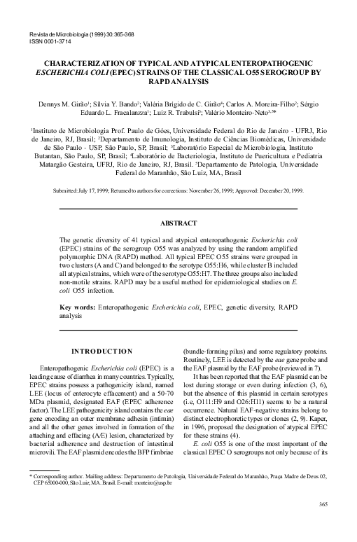 (PDF) Characterization of typical and atypical enteropathogenic Escherichia coli (EPEC) strains ...