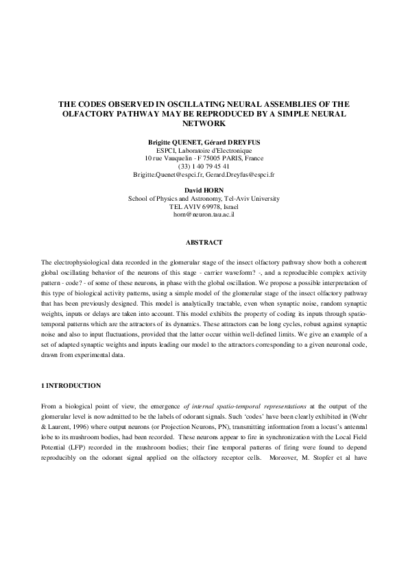 (PDF) The Codes Observed In Oscillating Neural Assemblies Of The Olfactory Pathway May Be ...