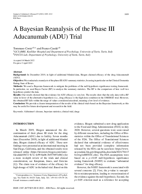 (PDF) A Bayesian Reanalysis of the Phase III Aducanumab (ADU) Trial