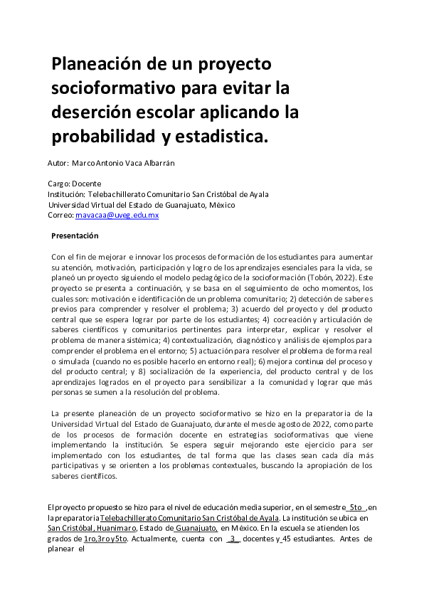 (PDF) Planeación de un proyecto socioformativo para evitar la deserción escolar aplicando la ...