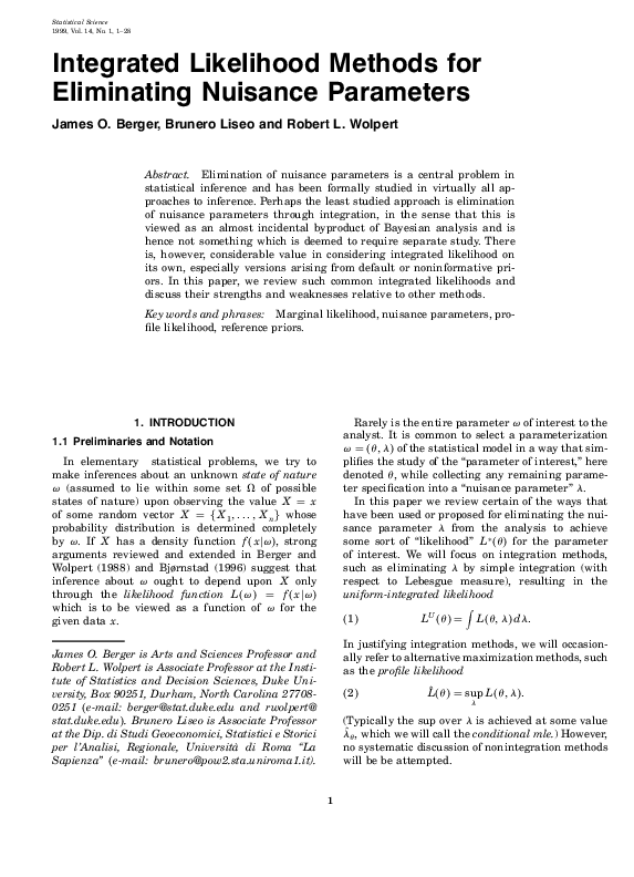 (PDF) Integrated likelihood methods for eliminating nuisance parameters