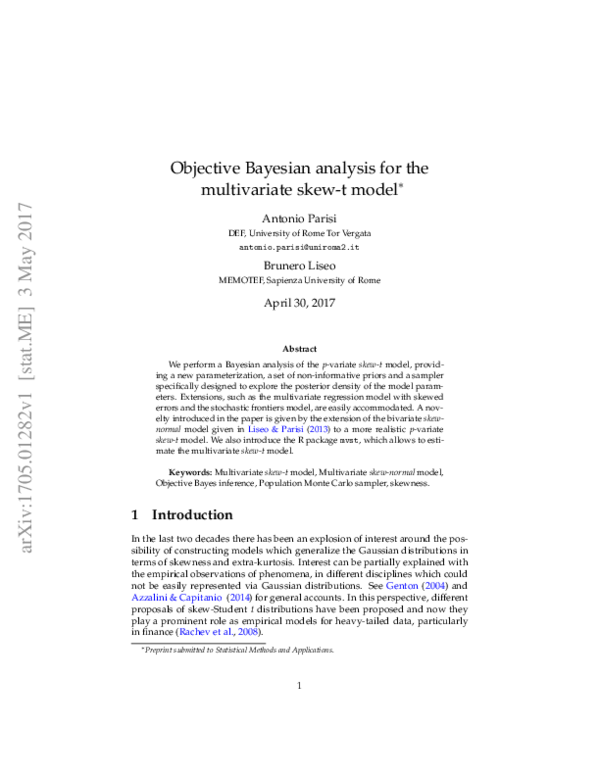 Pdf Objective Bayesian Analysis For The Multivariate Skew T Model