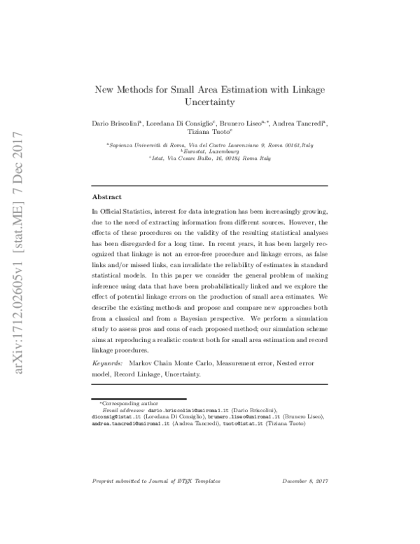 (PDF) New methods for small area estimation with linkage uncertainty
