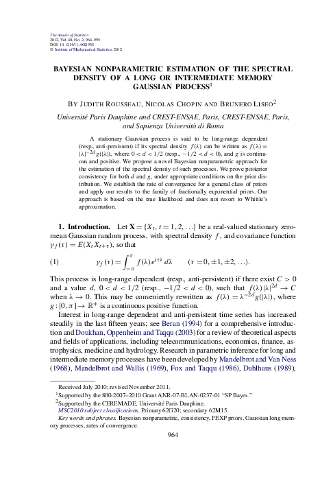Pdf Bayesian Nonparametric Estimation Of The Spectral Density Of A Long Or Intermediate Memory