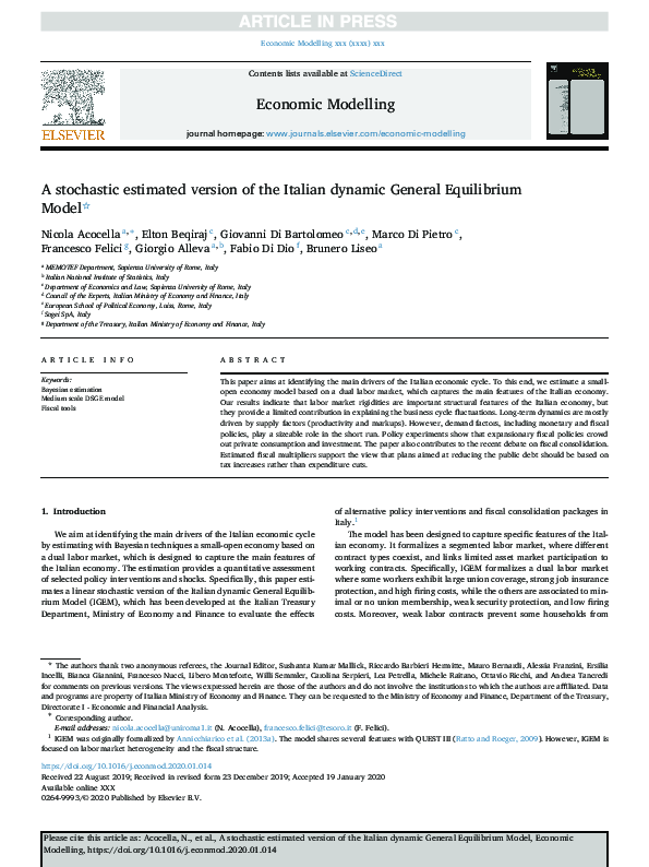 (PDF) A stochastic estimated version of the Italian dynamic General Equilibrium Model | Brunero ...