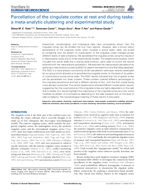 (PDF) Parcellation of the cingulate cortex at rest and during tasks: a meta-analytic clustering ...