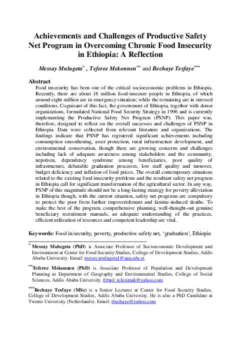 (PDF) Achievements and Challenges of Productive Safety Net Program in Overcoming Chronic Food ...