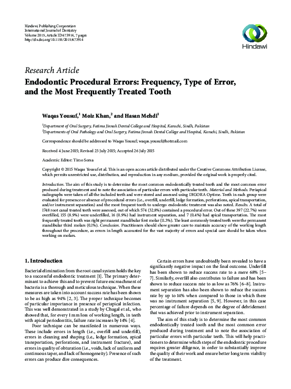 (PDF) Endodontic Procedural Errors: Frequency, Type of Error, and the ...
