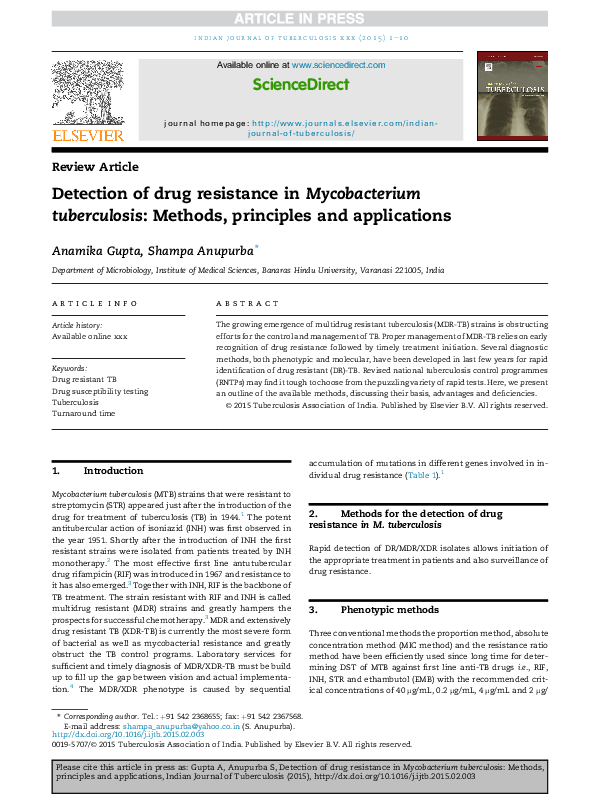 (PDF) Detection of drug resistance in Mycobacterium tuberculosis: Methods, principles and ...