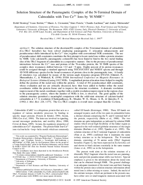 Solution Structure of the Paramagnetic Complex of the N-Terminal Domain of Calmodulin with Two ...
