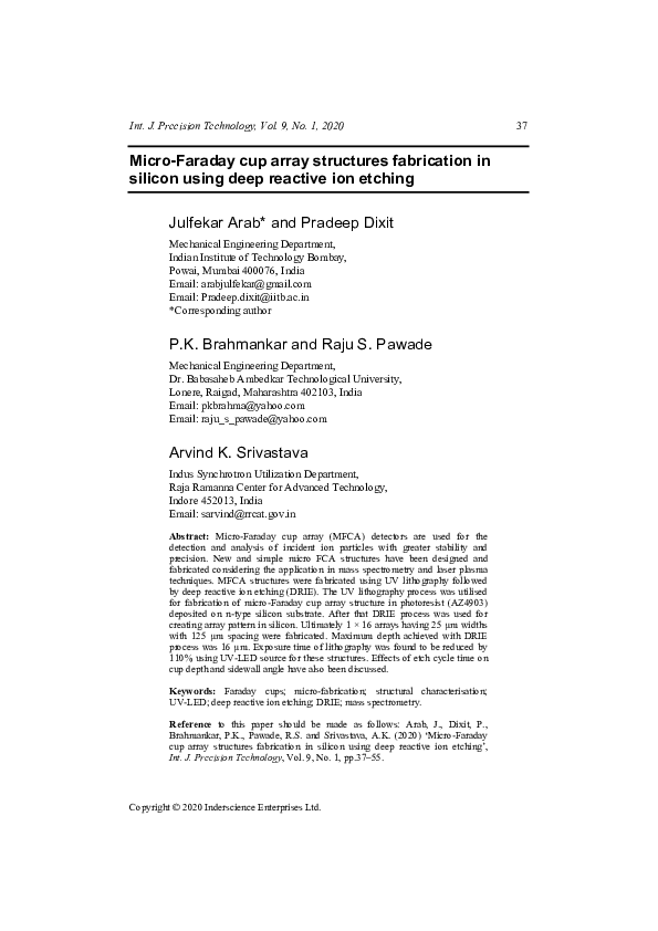Pdf Micro Faraday Cup Array Structures Fabrication In Silicon Using Deep Reactive Ion Etching