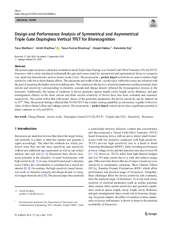 (PDF) Design and Performance Analysis of Symmetrical and Asymmetrical Triple Gate Dopingless ...