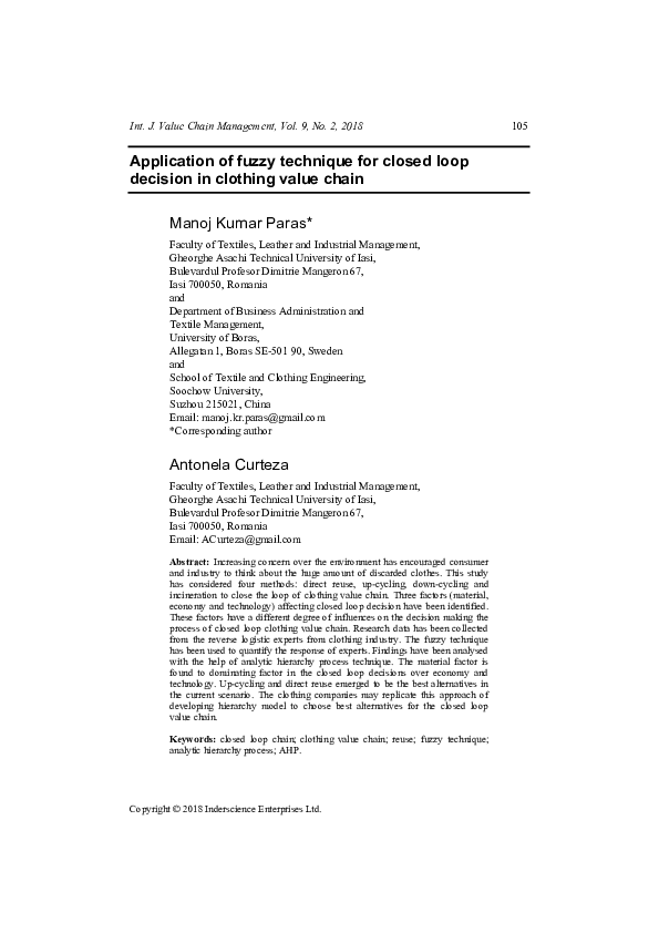 Pdf Application Of Fuzzy Technique For Closed Loop Decision In Clothing Value Chain Antonela
