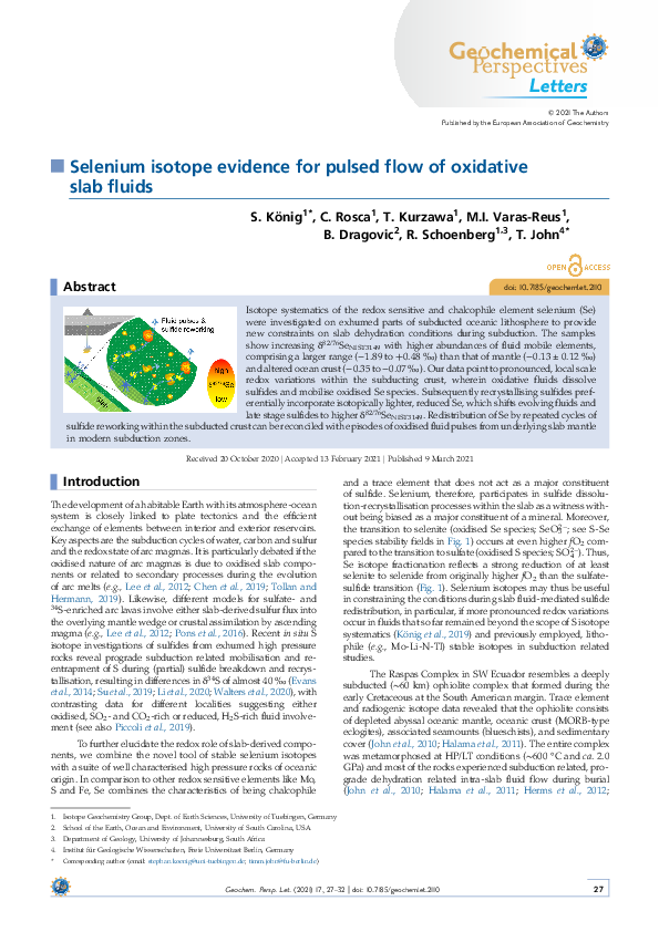 (PDF) Selenium isotope evidence for pulsed flow of oxidative slab fluids