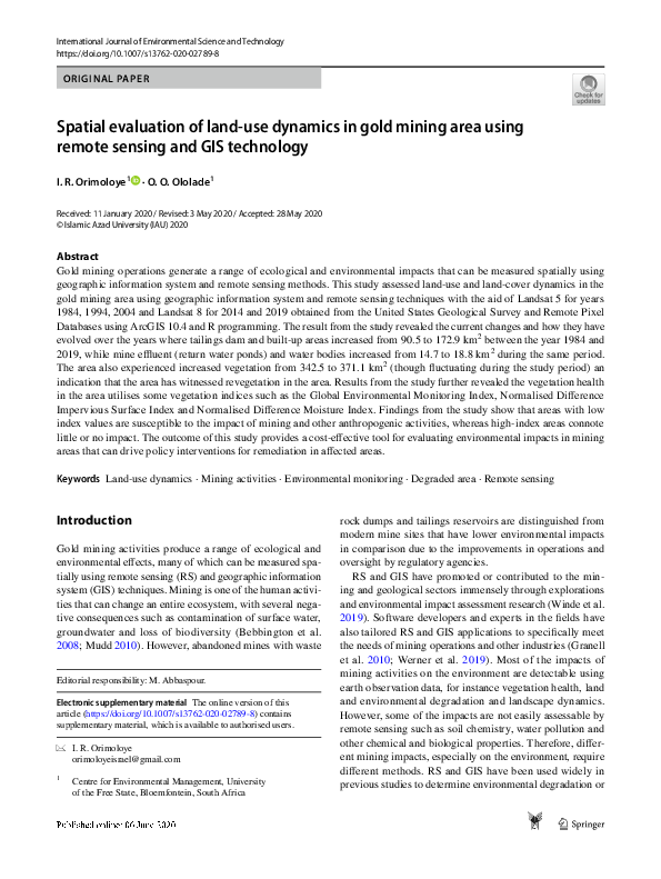 Pdf Spatial Evaluation Of Land Use Dynamics In Gold Mining Area Using Remote Sensing And Gis