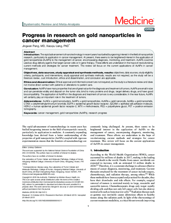 (PDF) Progress in research on gold nanoparticles in cancer management