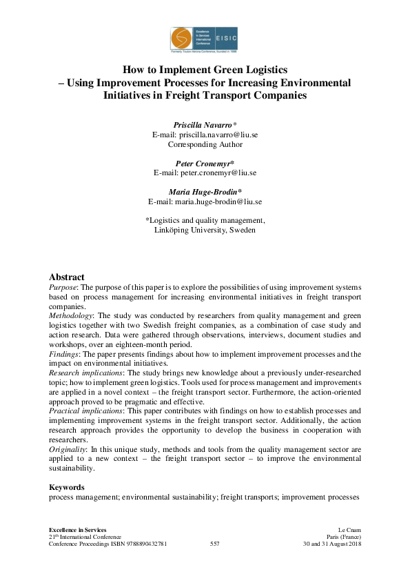 (PDF) How to Implement Green Logistics – Using Improvement Processes ...