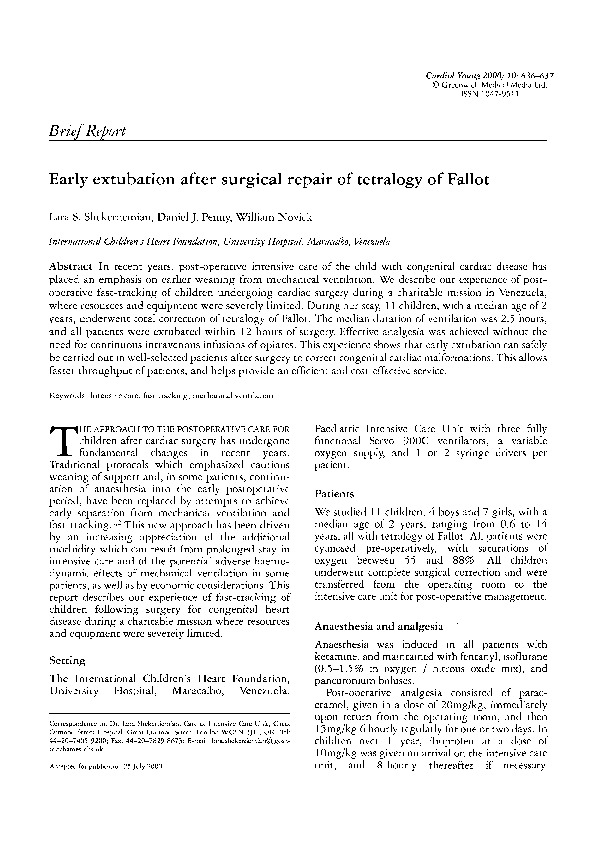(PDF) Early extubation after surgical repair of tetralogy of Fallot