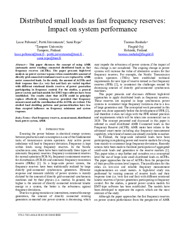 (PDF) Distributed small loads as fast frequency reserves: Impact on ...