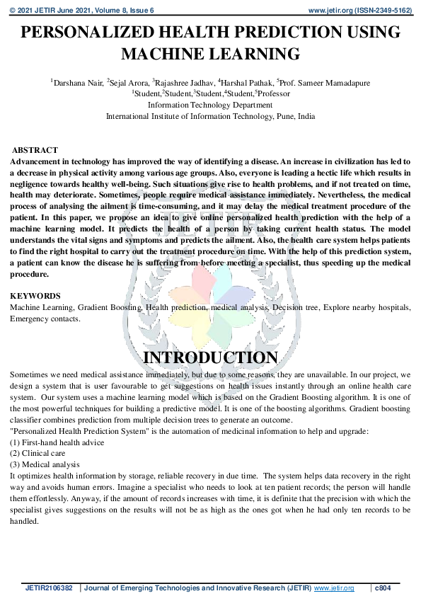 (PDF) Personalized Health Prediction Using Machine Learning