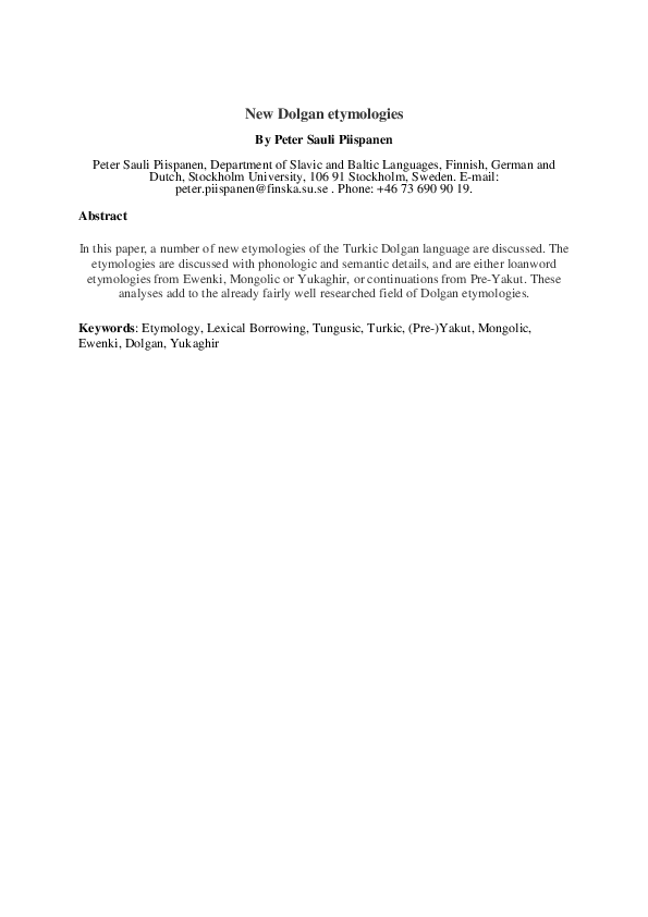 (PDF) New Dolgan etymologies (complete, draft V1)