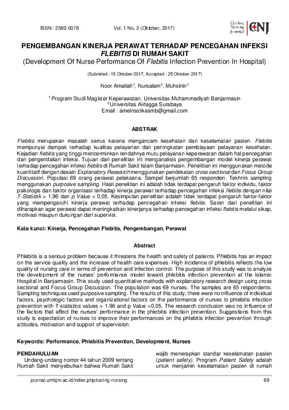 (PDF) PENGEMBANGAN KINERJA PERAWAT TERHADAP PENCEGAHAN INFEKSI FLEBITIS DI RUMAH SAKIT ...