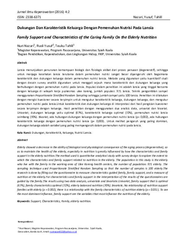 (PDF) Dukungan Dan Karakteristik Keluarga Dengan Pemenuhan Nutrisi Pada Lansia