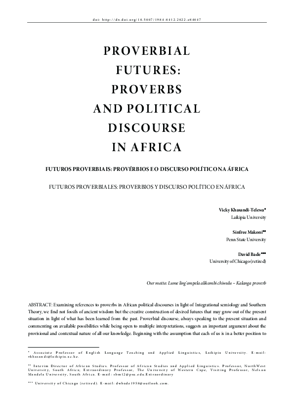 (PDF) Proverbial futures: proverbs and political discourse in Africa