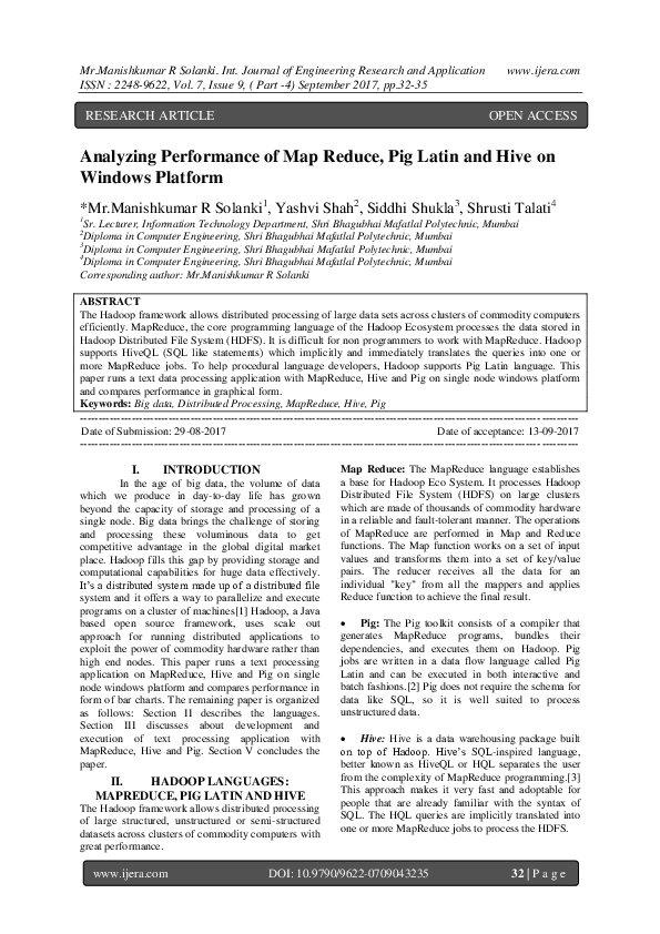 (PDF) Analyzing Performance of Map Reduce, Pig Latin and Hive on Windows Platform