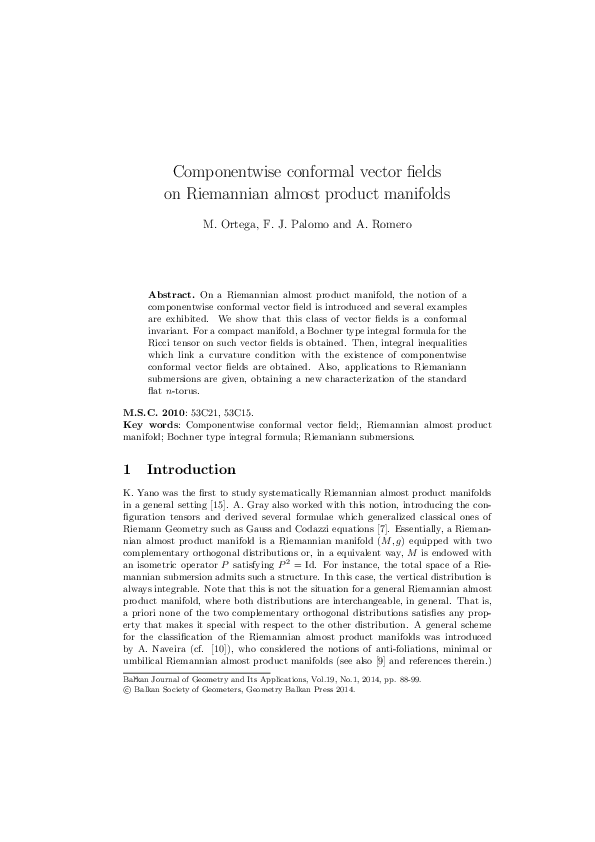 (PDF) Componentwise conformal vector flelds on Riemannian almost ...