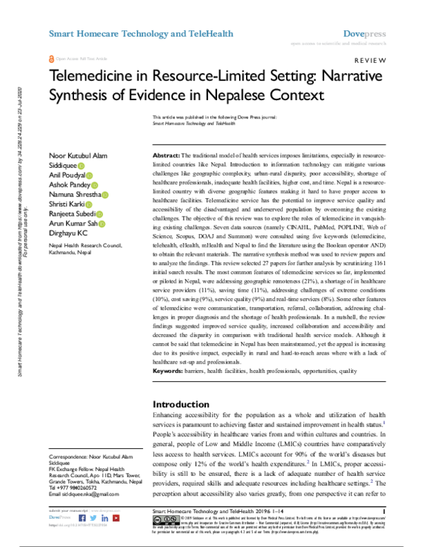 (PDF) Telemedicine in Resource-Limited Setting: Narrative Synthesis of Evidence in Nepalese Context