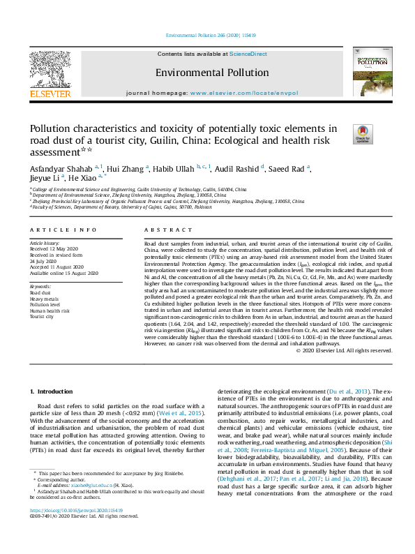 (PDF) Pollution characteristics and toxicity of potentially toxic elements in road dust of a ...