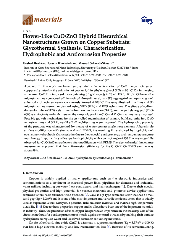 Pdf Flower Like Cuo Zno Hybrid Hierarchical Nanostructures Grown On Copper Substrate
