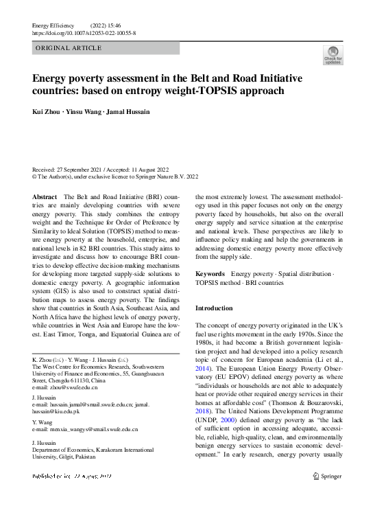 Pdf Energy Poverty Assessment In The Belt And Road Initiative Countries Based On Entropy