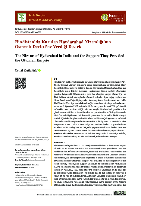 (PDF) Hindistan'da Kurulan Haydarabad Nizamlığı'nın Osmanlı Devleti'ne ...