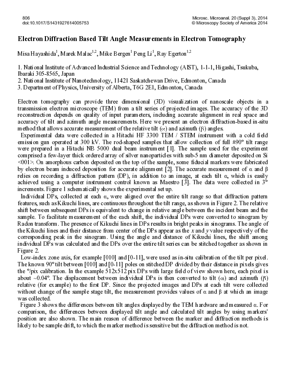 (PDF) Electron Diffraction Based Tilt Angle Measurements in Electron Tomography