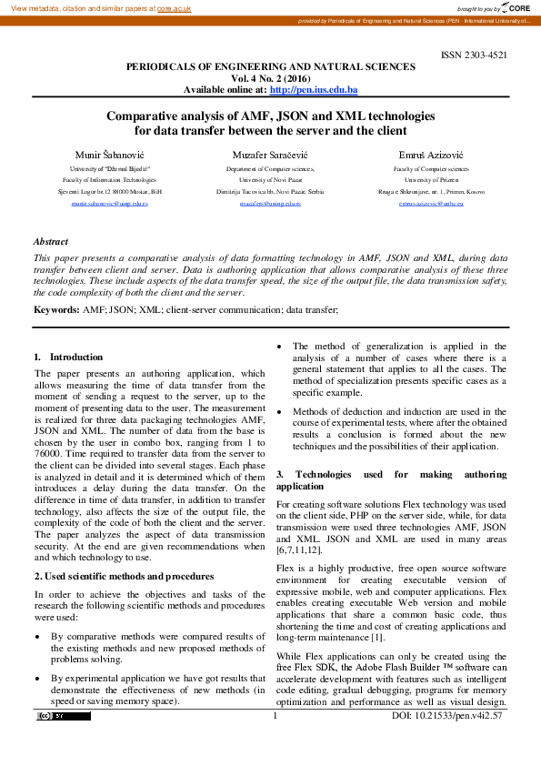 (PDF) Comparative analysis of AMF, JSON and XML technologies for data transfer between the ...