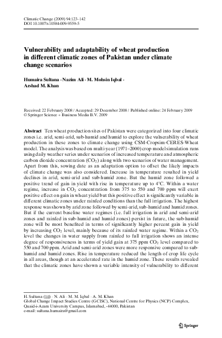 (PDF) Vulnerability and adaptability of wheat production in different climatic zones of Pakistan ...