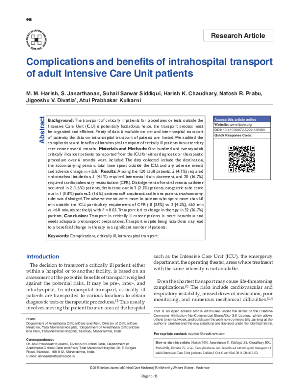 (PDF) Complications and benefits of intrahospital transport of adult ...