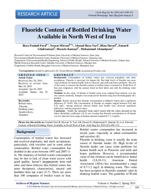 (PDF) Fluoride Content of Bottled Drinking Water Available in North ...