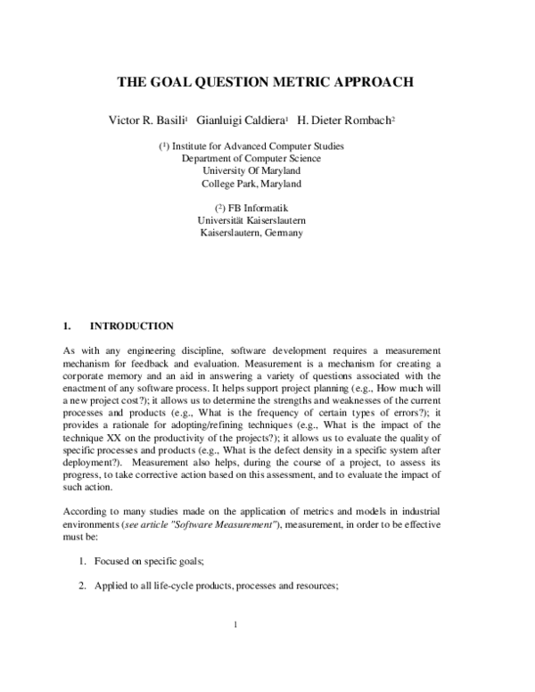 (PDF) The Goal Question Metric Approach
